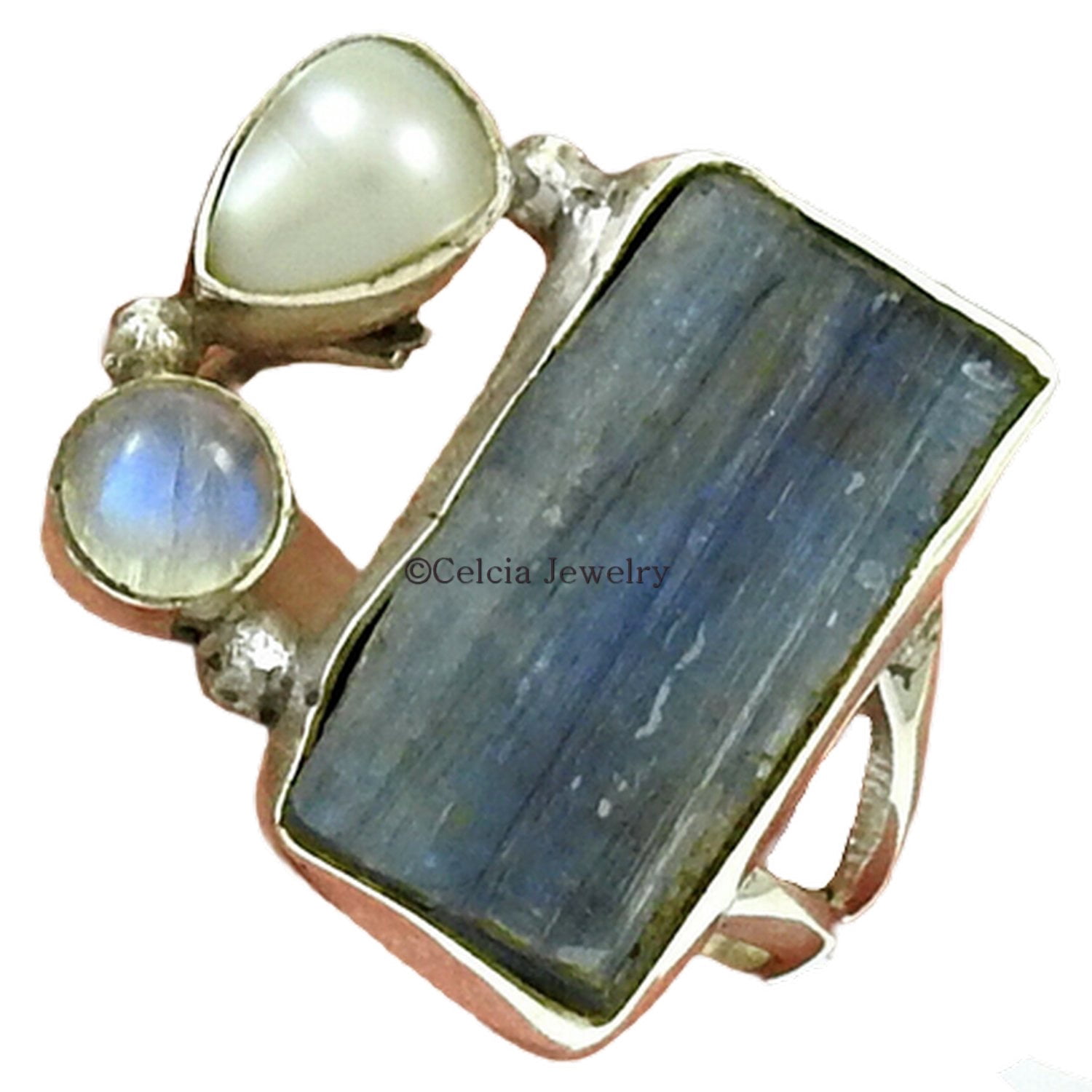 Genuine Kyanite, Pearl & Rainbow Moonstone Ring, Real 925 Sterling ...