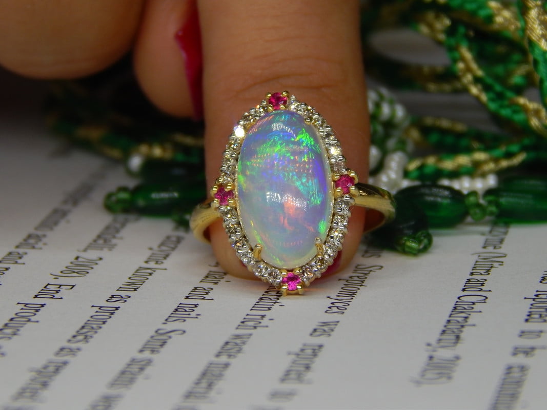 Genuine Lab-Grown Fire Opal Oval, Moissanite, Lab Ruby Ring in 925 Rose ...