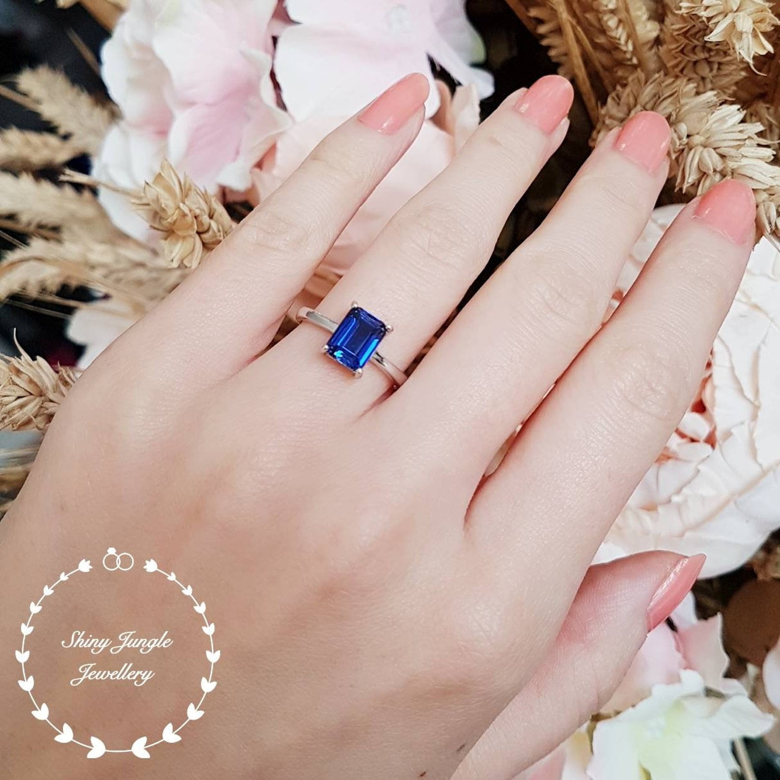 Genuine Lab Grown Royal Blue emerald cut sapphire engagement ring ...