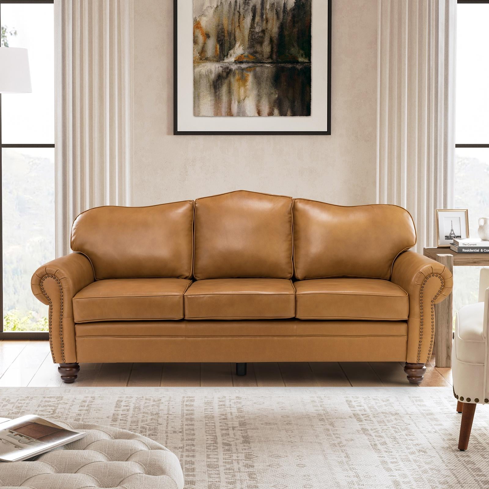Genuine Leather 3 Seater Sofa with Rolled Arms Nailhead Trims Solid ...