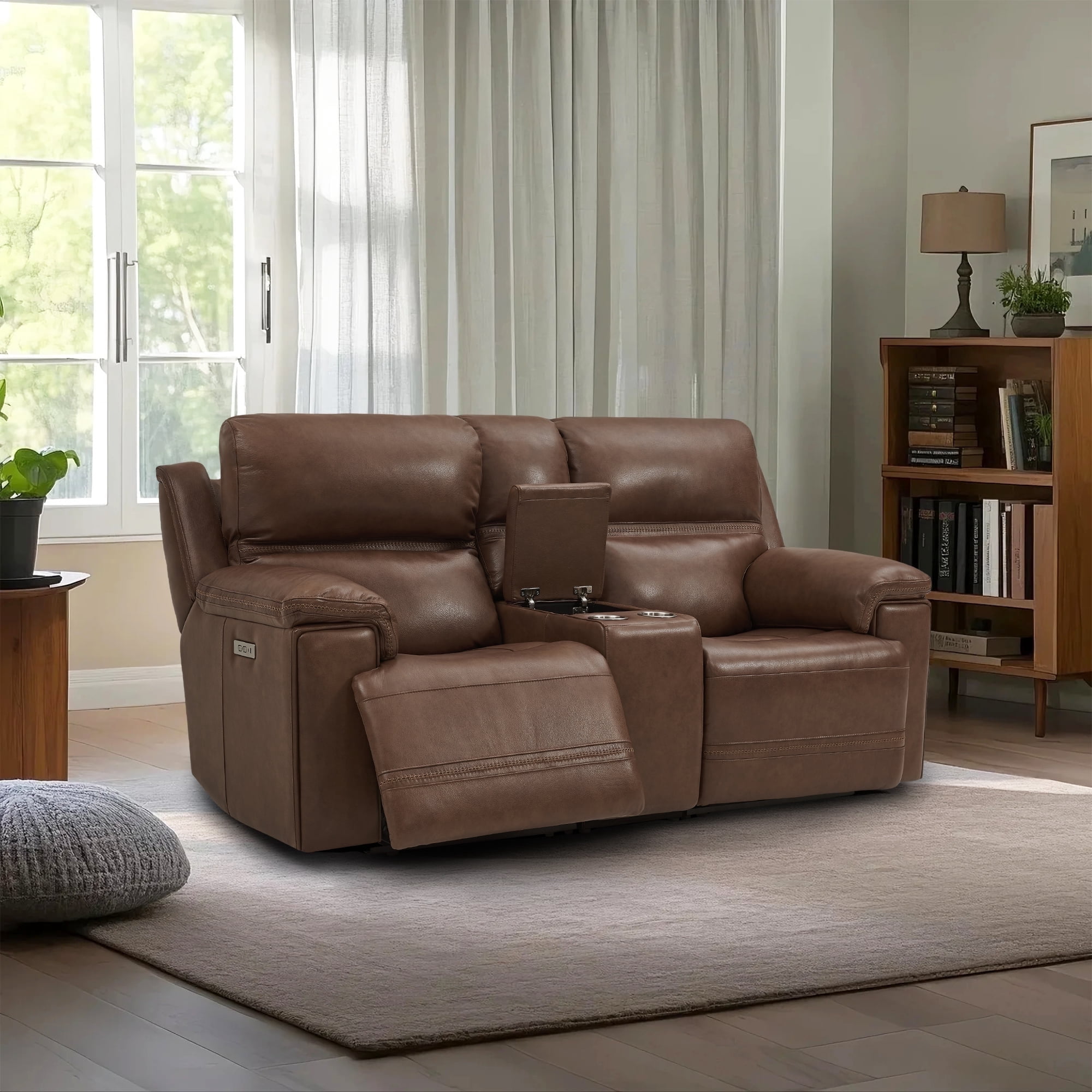 Genuine Leather Dual Power Reclining Loveseat with Console, Zero ...