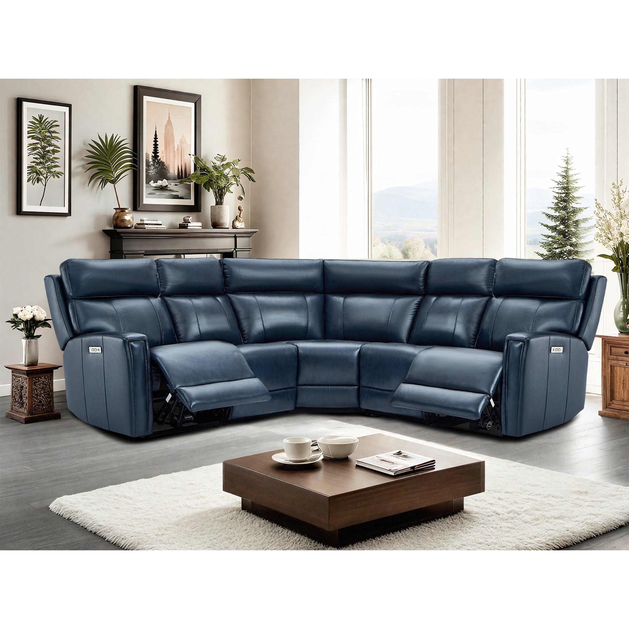Genuine Leather Dual-Power Reclining Sectional Sofa, 5-Seat L-Shaped ...