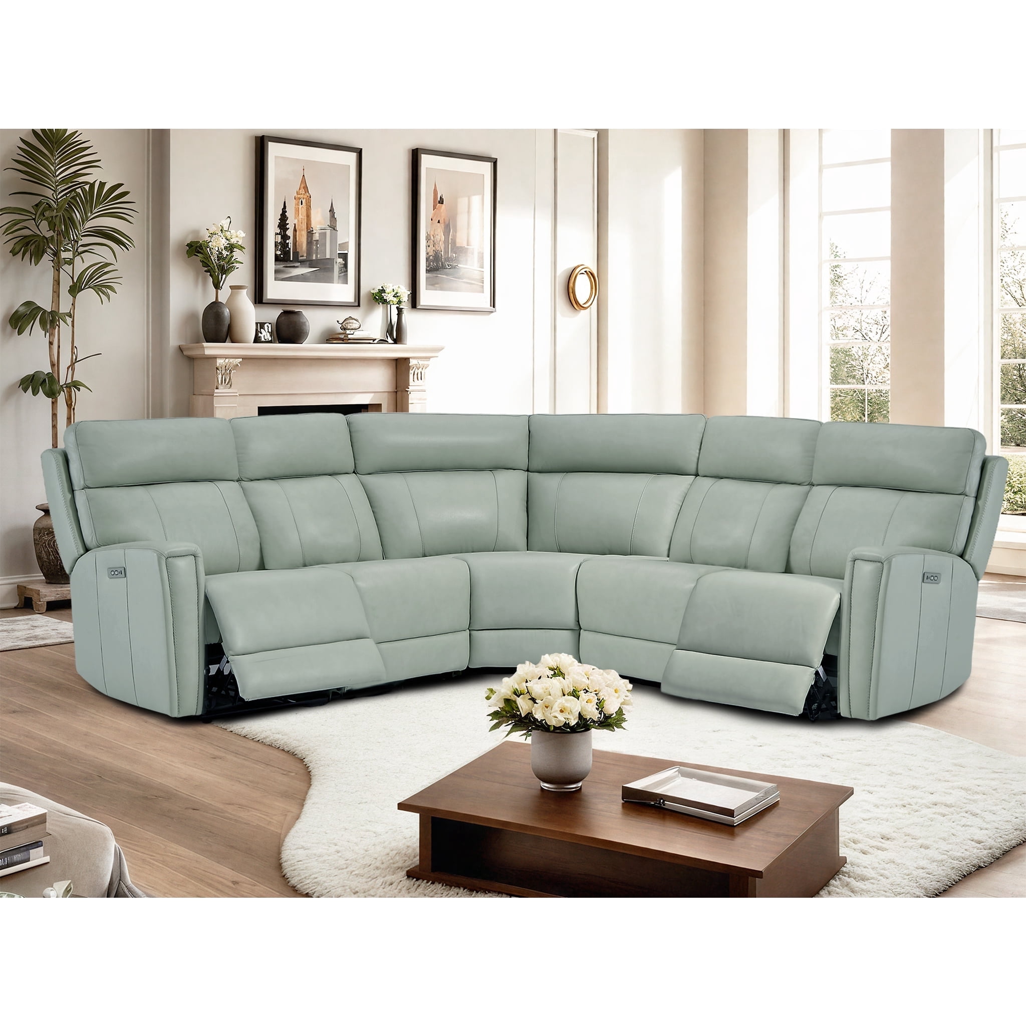 Genuine Leather Dual-Power Reclining Sectional Sofa, 5-Seat L-Shaped ...