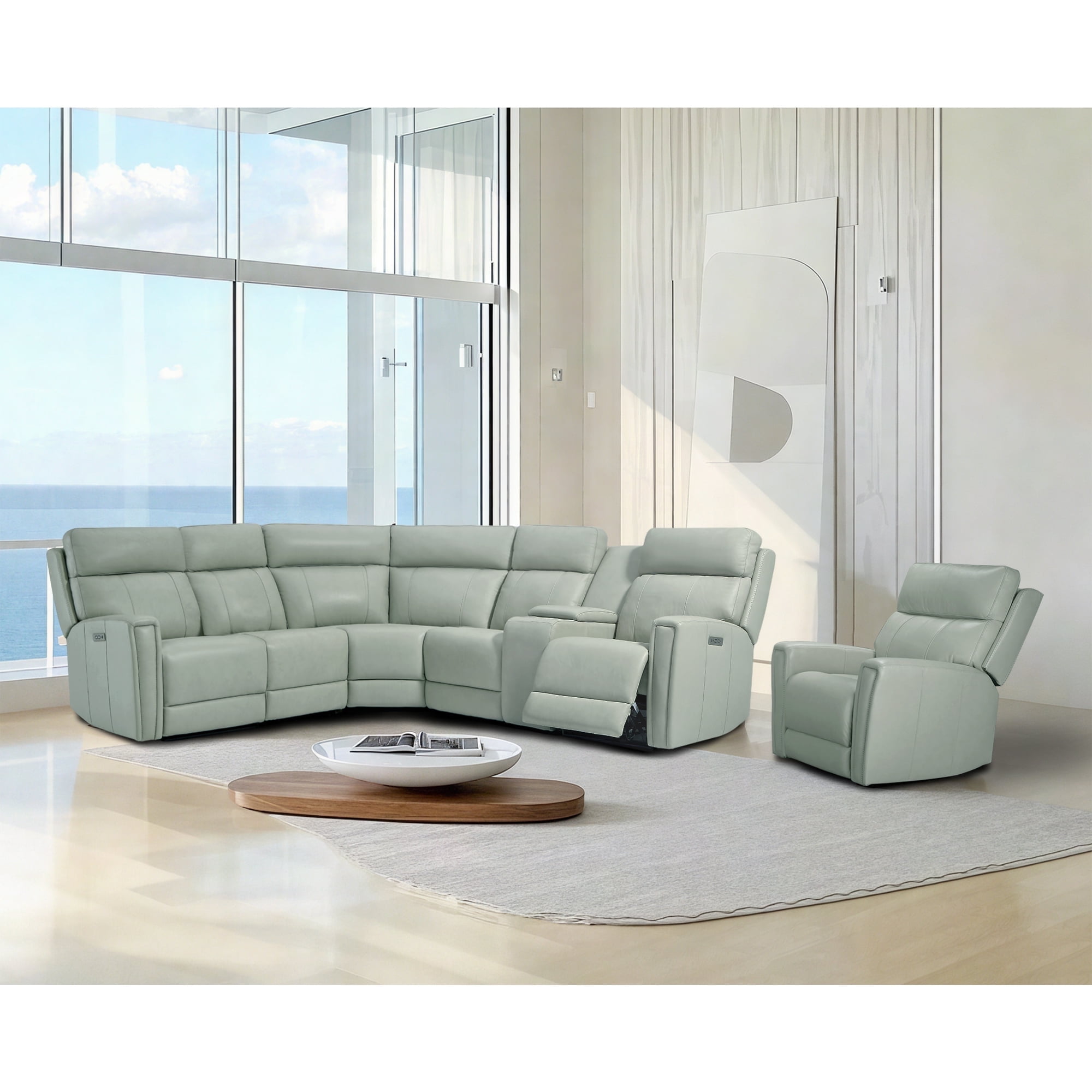 Genuine Leather Dual-Power Reclining Sectional Sofa Set with Console, 5 ...