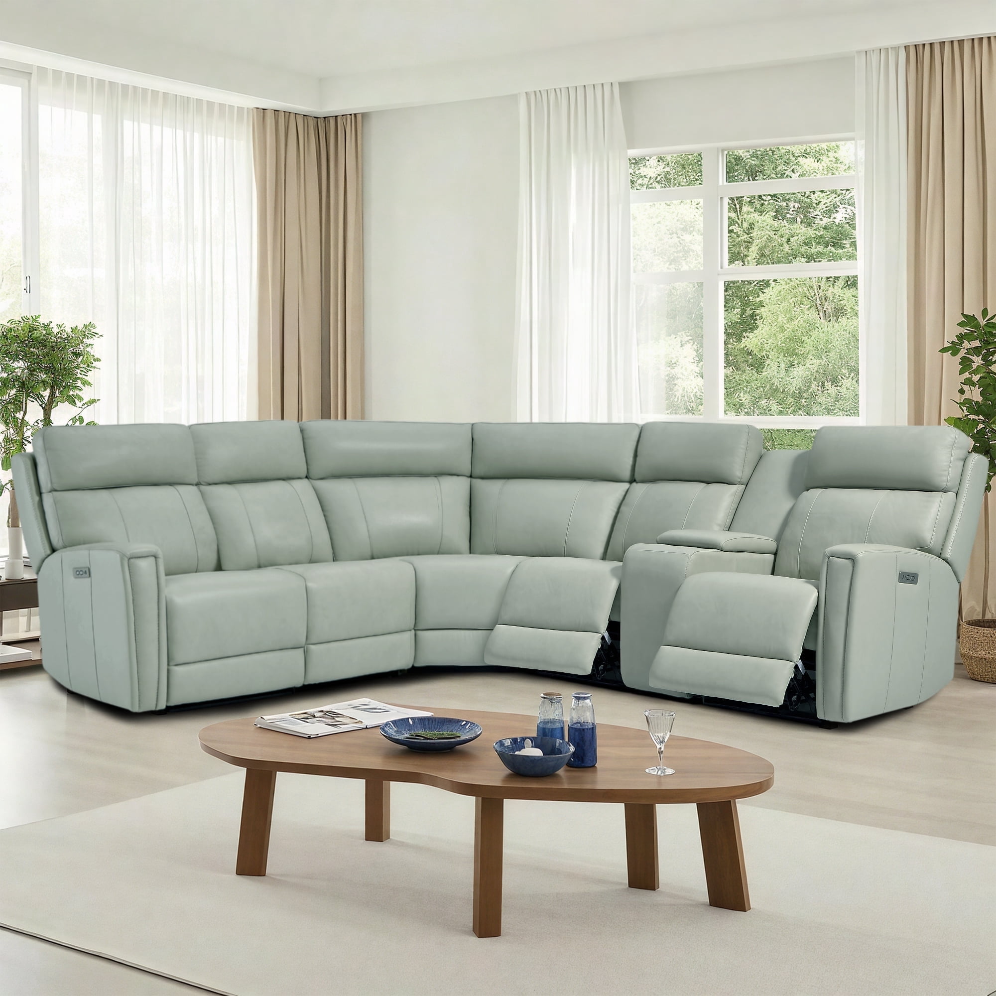 Genuine Leather Dual-Power Reclining Sectional Sofa with Console, 5 ...