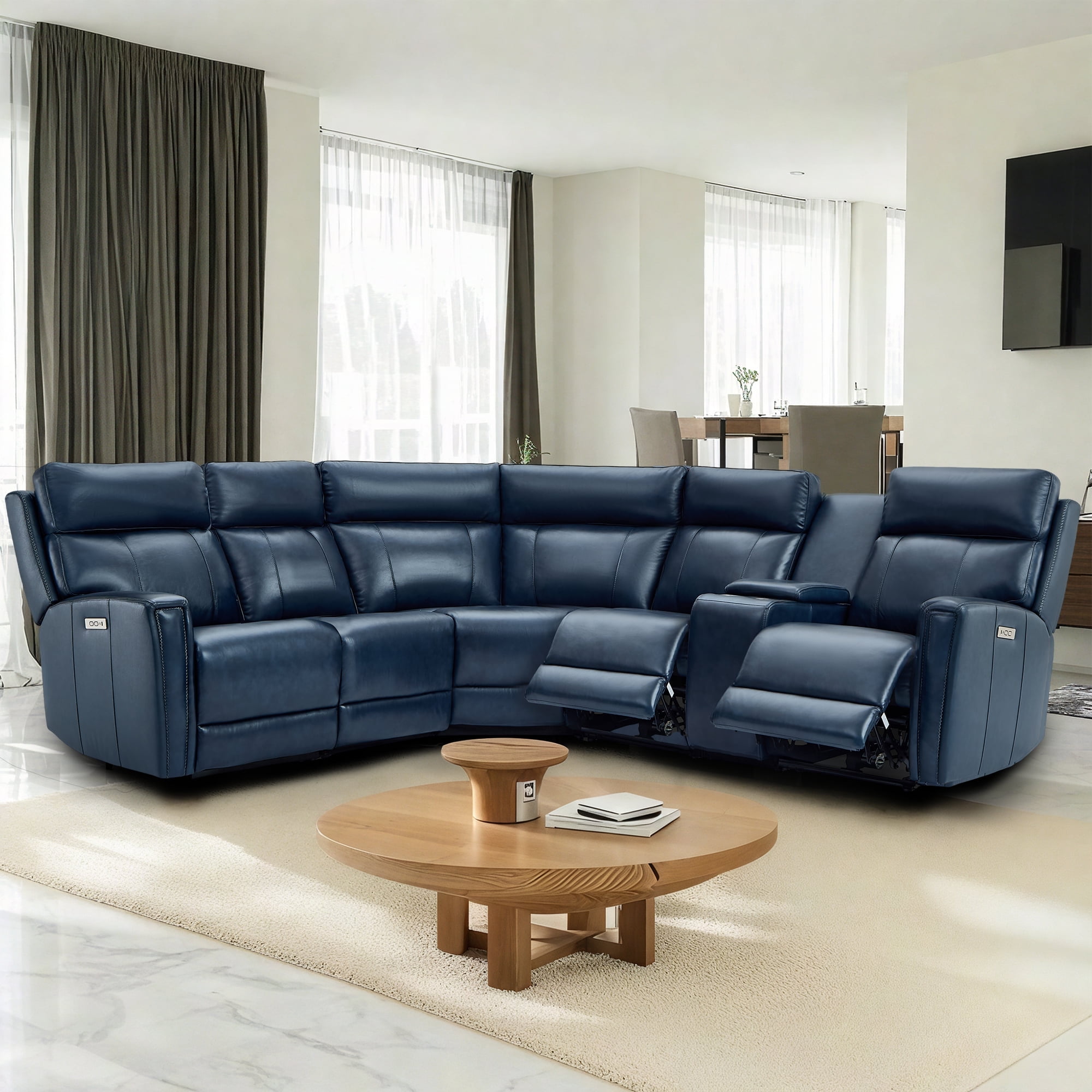 Genuine Leather Dual-Power Reclining Sectional Sofa with Console, 5 ...