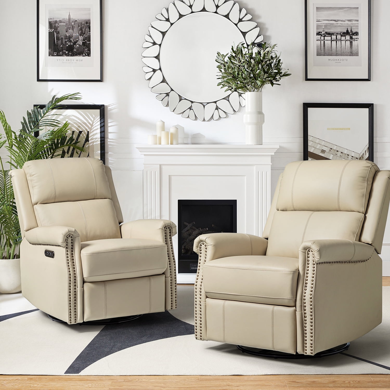 Genuine Leather Electric Rocking Recliner Set of 2 USB Port Reclining ...