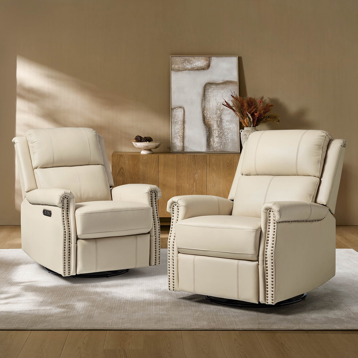 Genuine Leather Electric Rocking Recliner Set of 2 USB Port Reclining ...