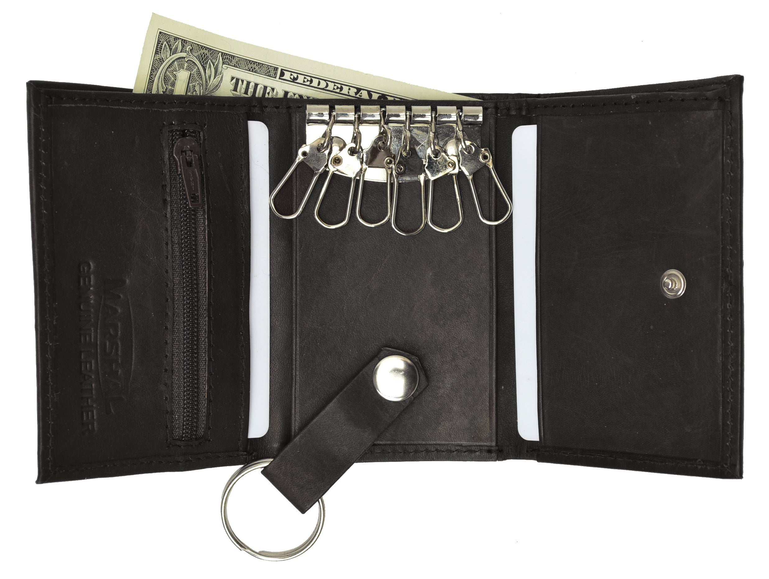 Genuine Leather Keychain Key Holder Ring with 6 Hooks Snap Closure ...