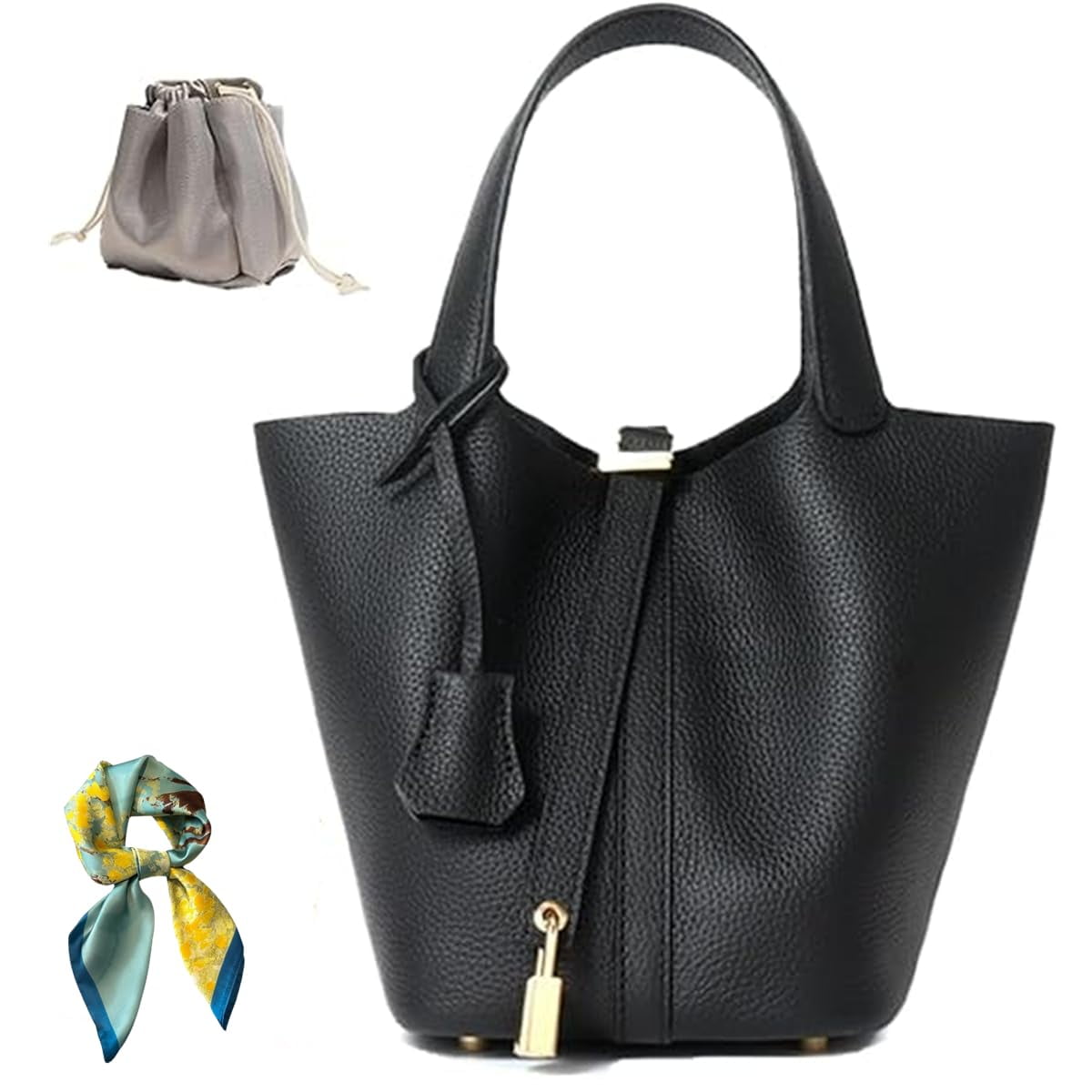 Genuine Leather Lock Design Bucket Bag Vegetable Basket, Fashionable ...