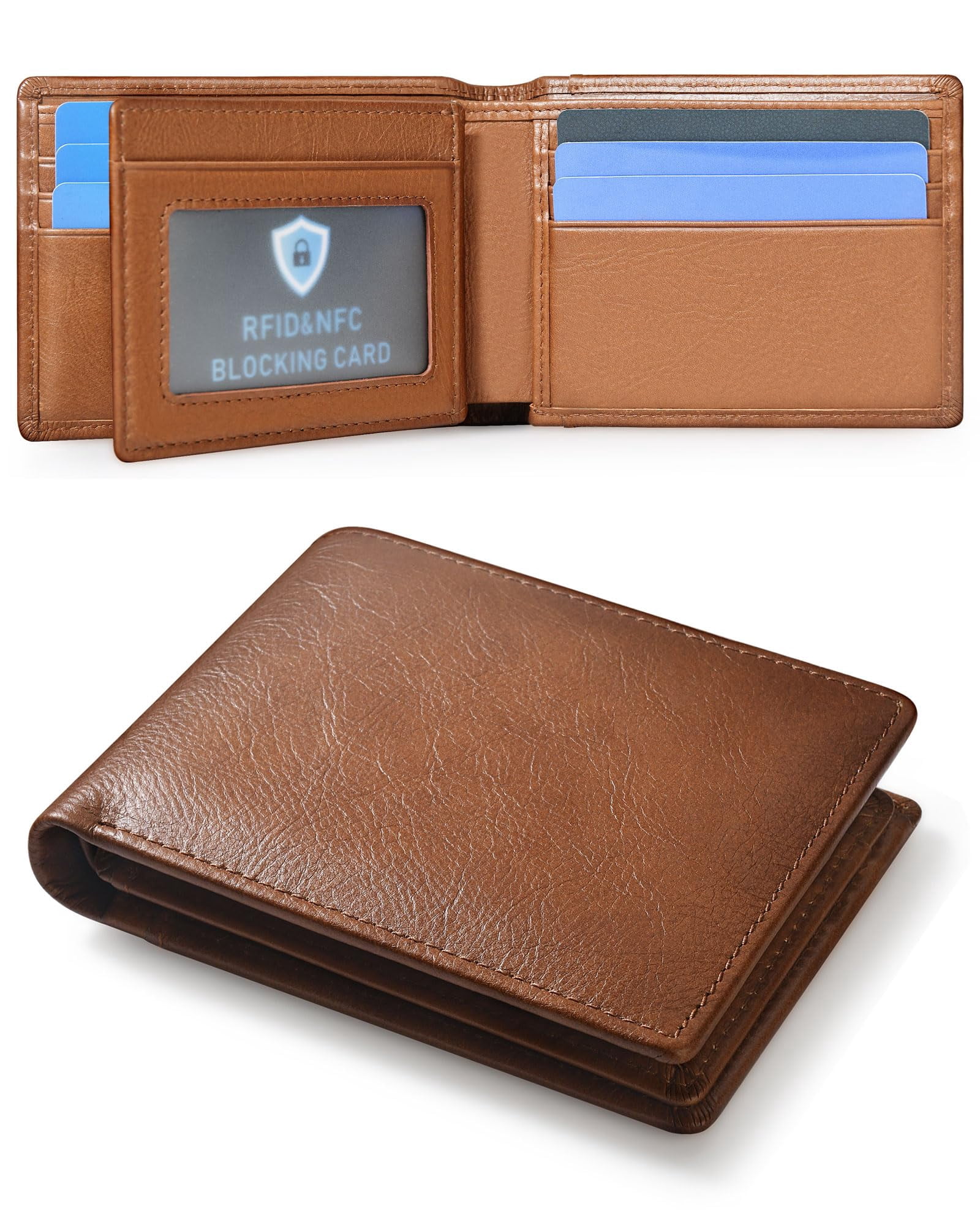 Genuine Leather Mens Wallet Rfid Blocking Bifold For Men With Id Window ...