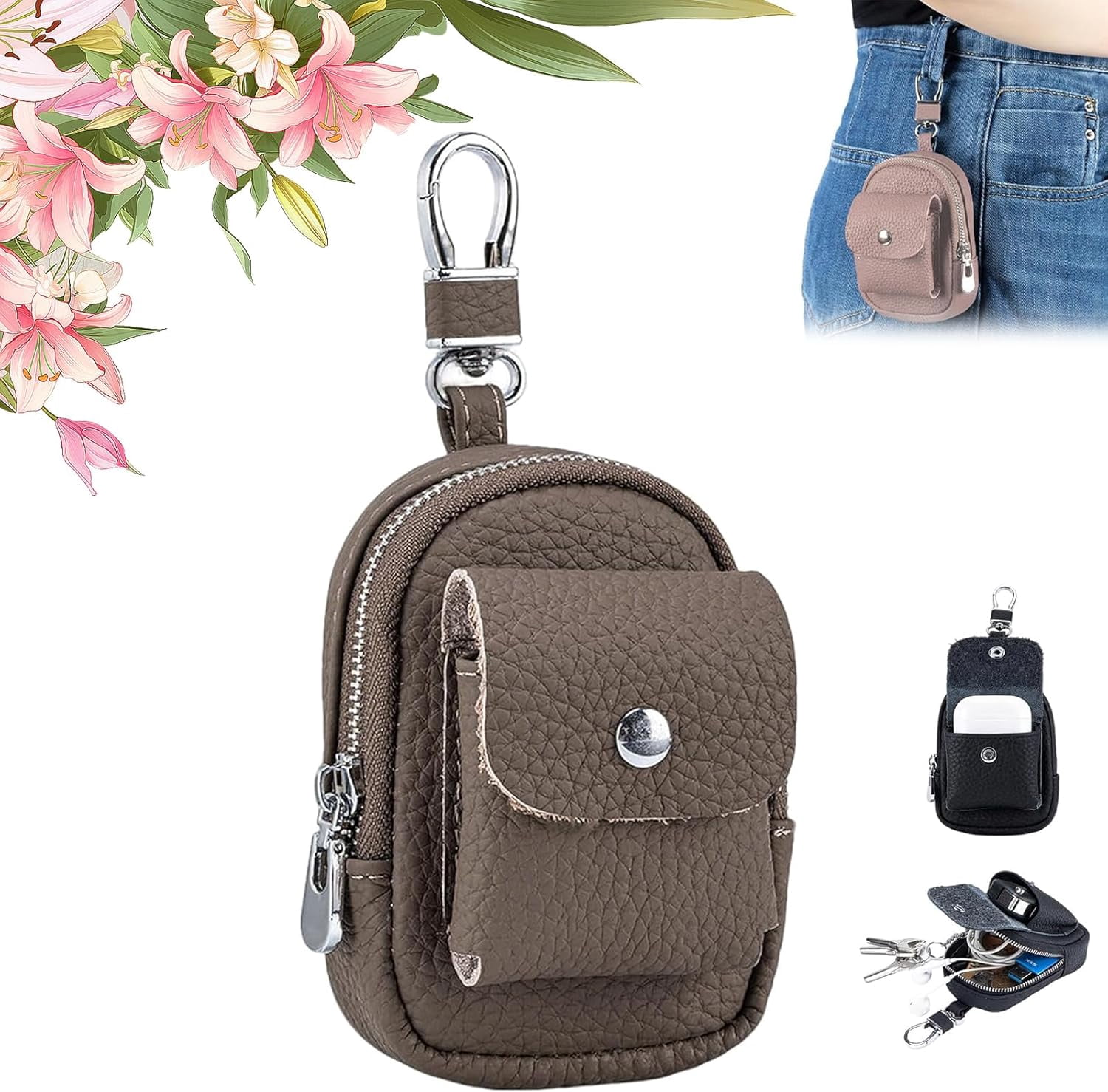 Genuine Leather Mini Backpack Keychain, Cute Travel Coin Purse & Makeup ...