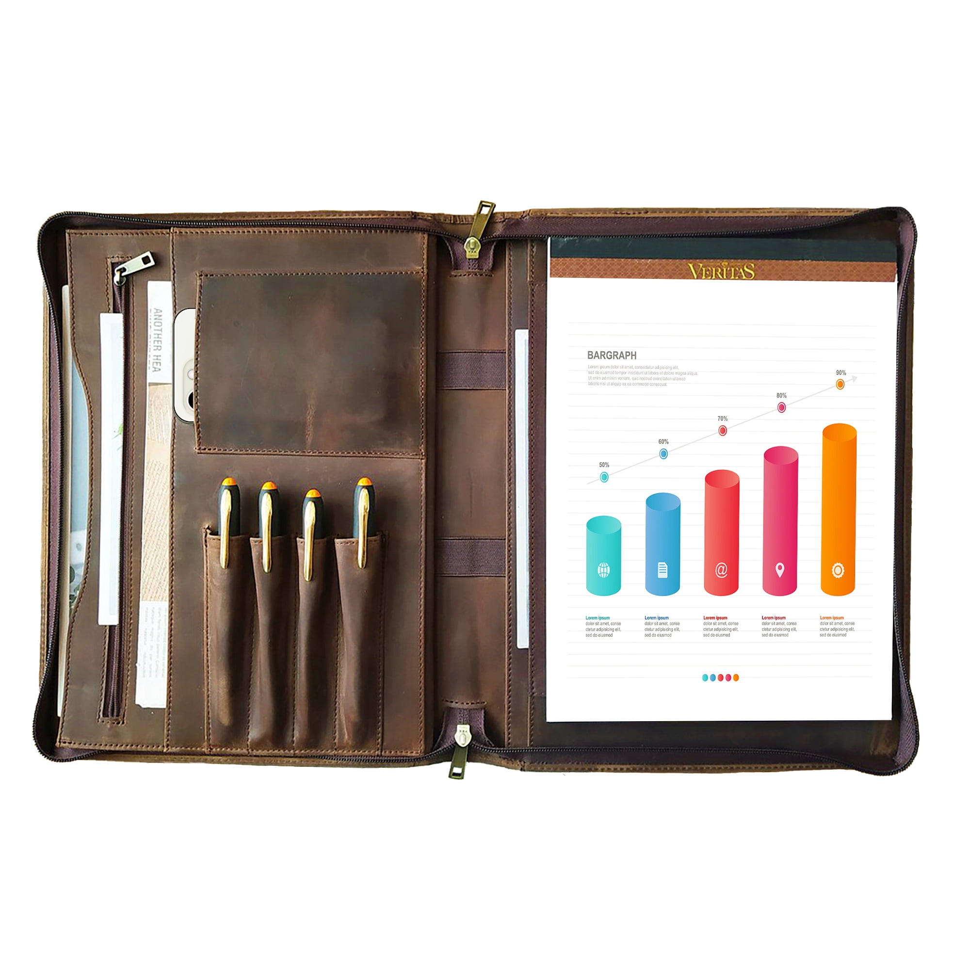 Genuine Leather Portfolio, Zippered Padfolio for Men, Leather Binder ...