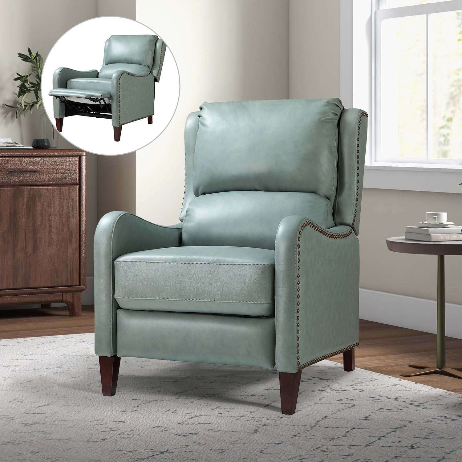 Genuine Leather Recliner Chair Push Back Upholstered Armchair Wingback Lounge Sofa Wood Leg Home ...