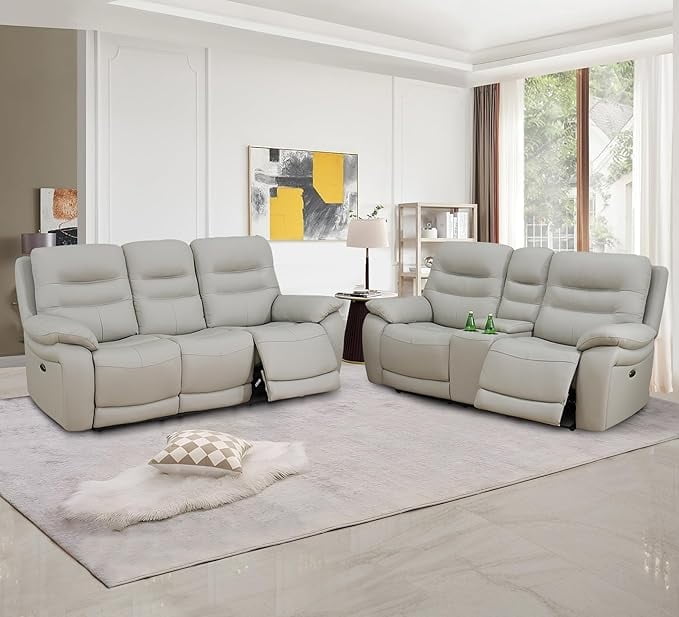 Genuine Leather Recliner Sofa Set, Power Reclining Sofa Set with USB ...