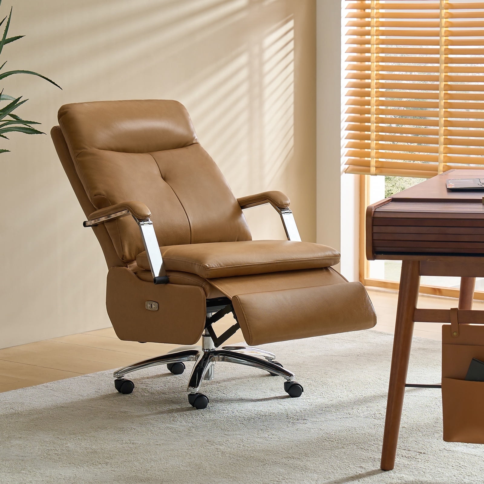 Genuine Leather Swivel Power Office Recliner Chair with USB Camel ...