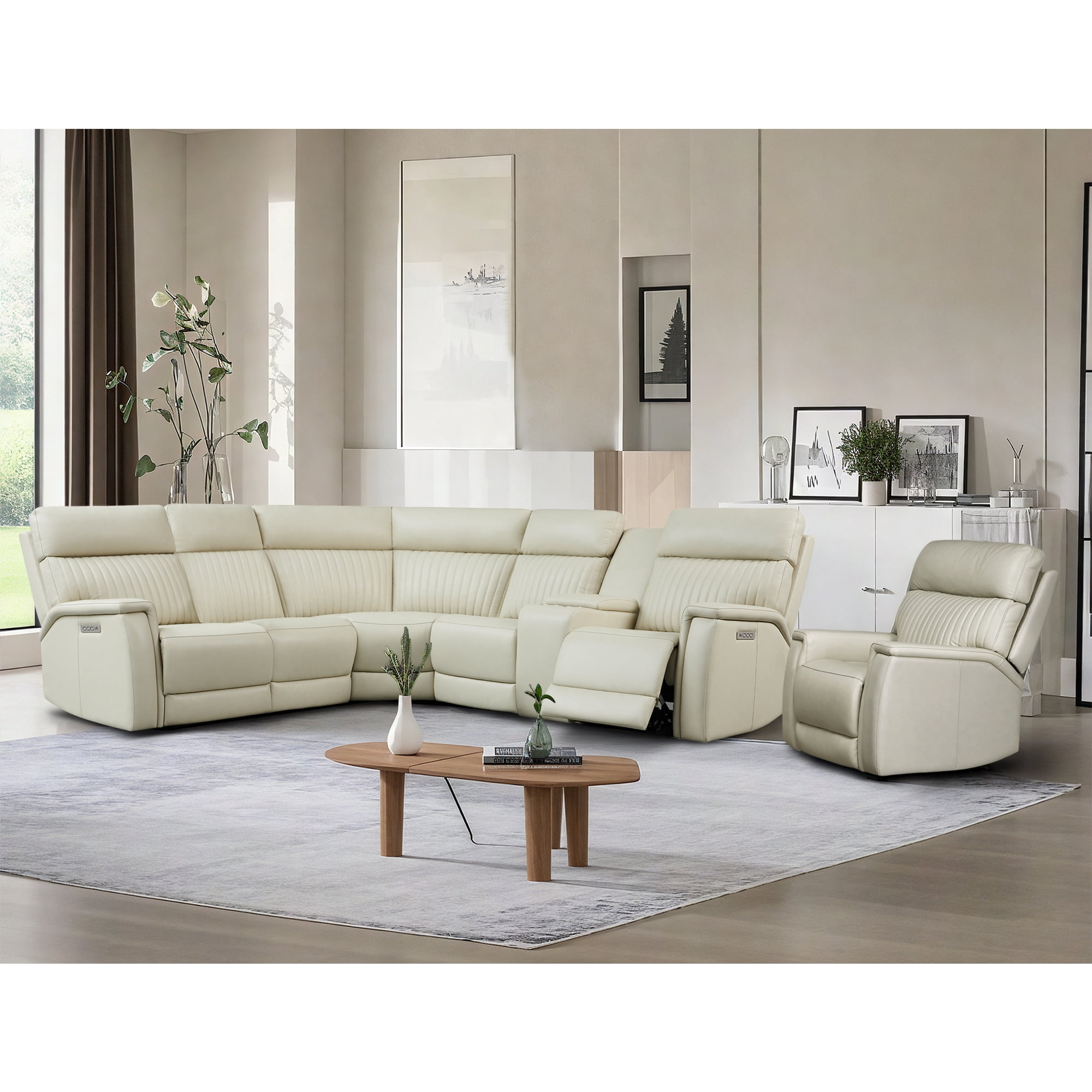 Genuine Leather Triple Power Reclining Sofa Set with One Console, 5 ...