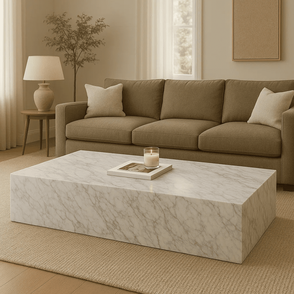 Genuine Marble Block Coffee Table - Carrara Marble, 54" Extra Large ...