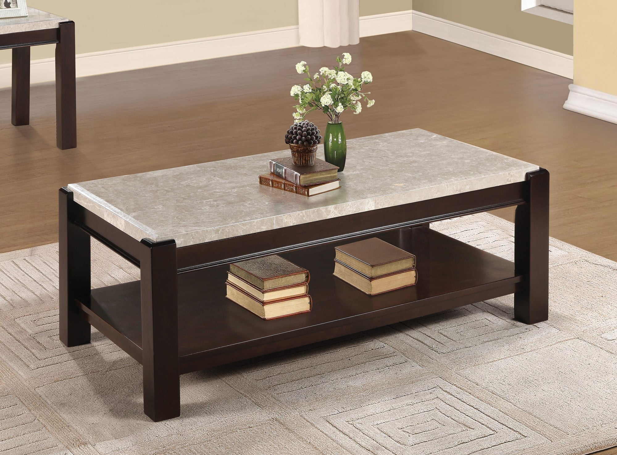 Genuine Marble Top Cocktail Table Dark Cherry Finish Wood Frame ...