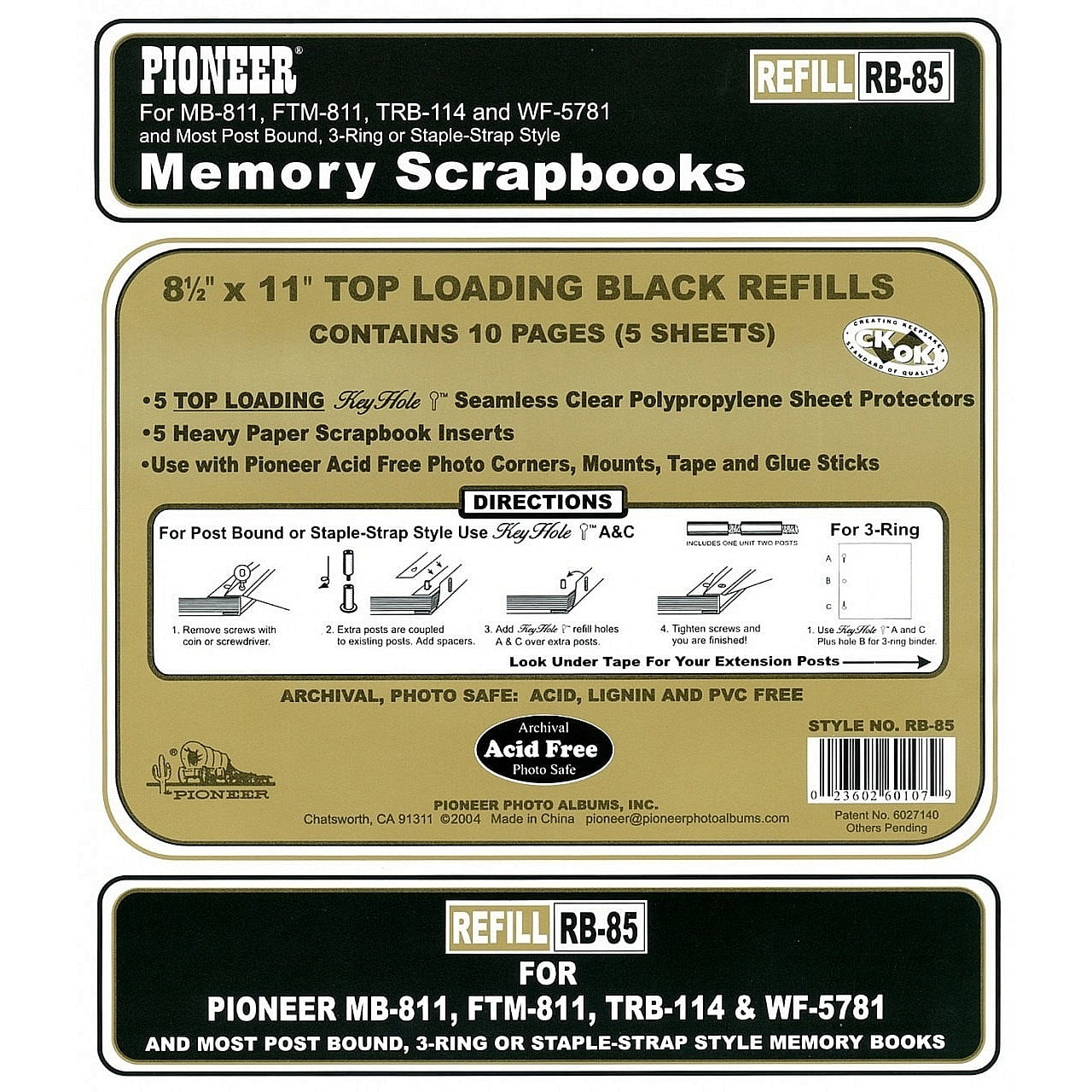 Genuine Pioneer BLACK Sheet post-bound ring-bound refill pages 8one ...