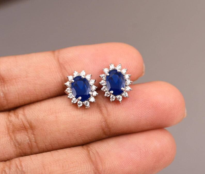 Genuine Royal Blue Sapphire Stud earring- Halo Sapphire earrings, Blue ...
