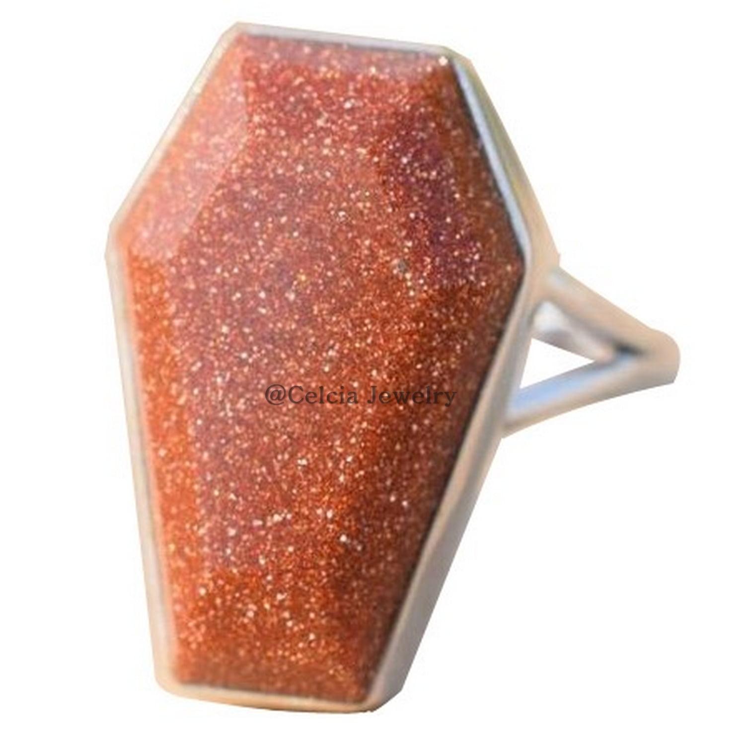 Genuine Sunstone Red Gemstone Coffin Ring, Solid 925 Sterling Silver ...