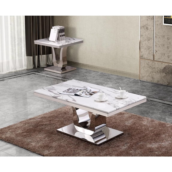 Genuine White Marble 2pc Coffee Table Set with Silver Stainless Steel ...