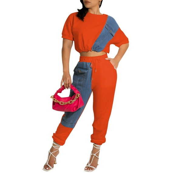 Genuiskids 2 Piece Outfits for Women Short Sleeve Denim Patchwork Crop ...