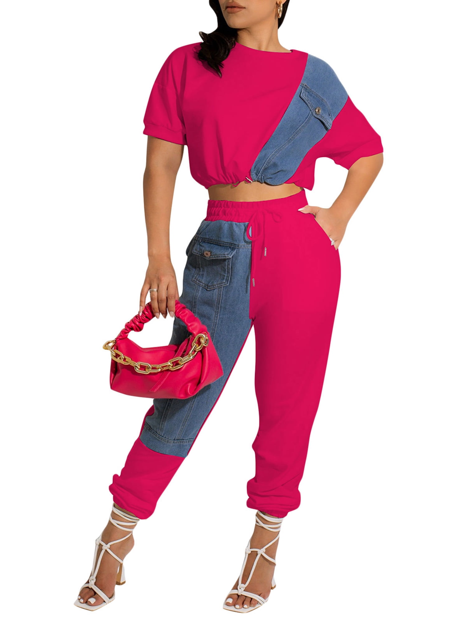 Genuiskids 2 Piece Outfits for Women Short Sleeve Denim Patchwork Crop ...