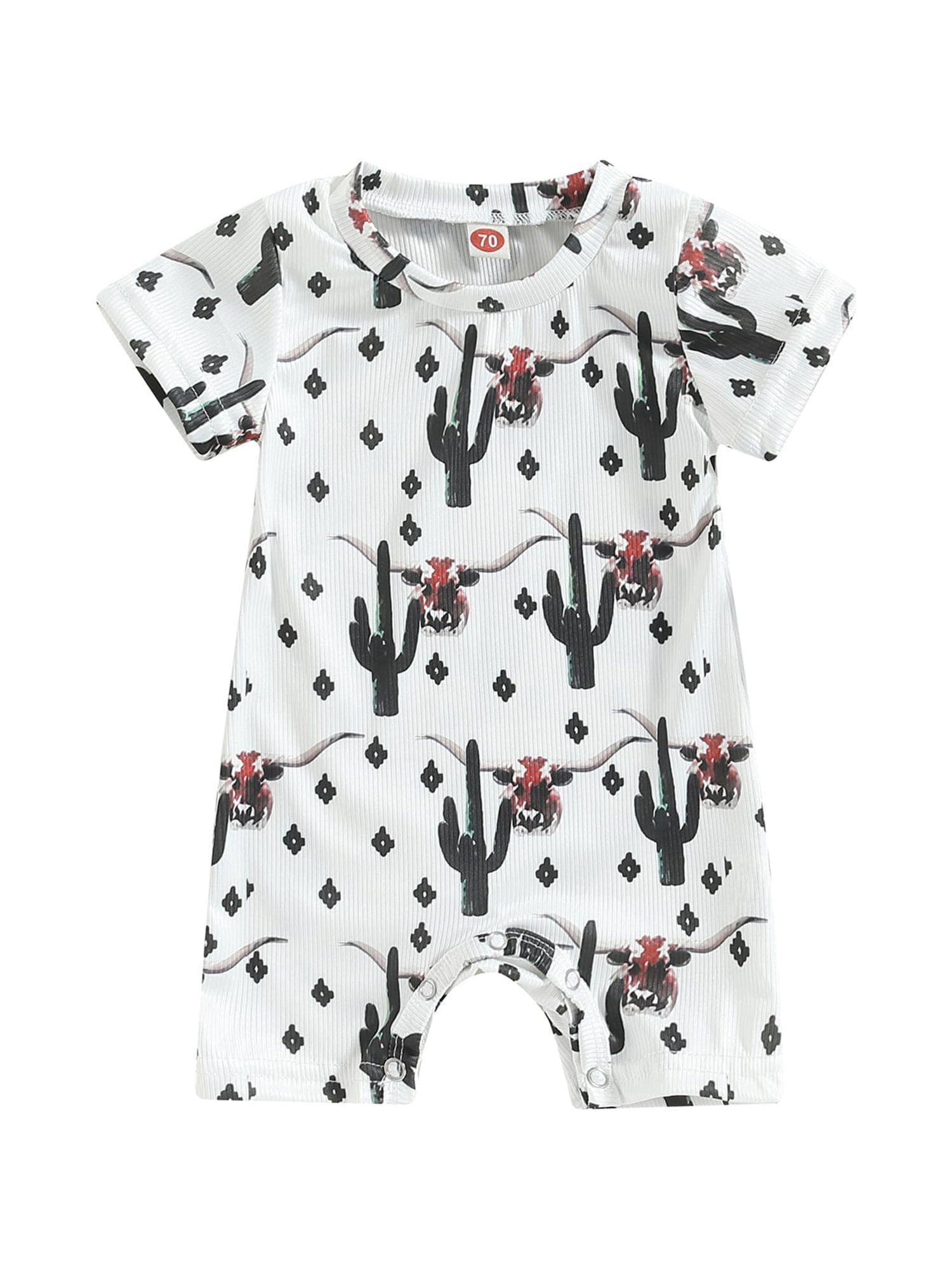 Genuiskids Baby Boy Girl Western Clothes Cow Print Short Sleeve Romper Jumpsuit Ribbed Bodysuit ...