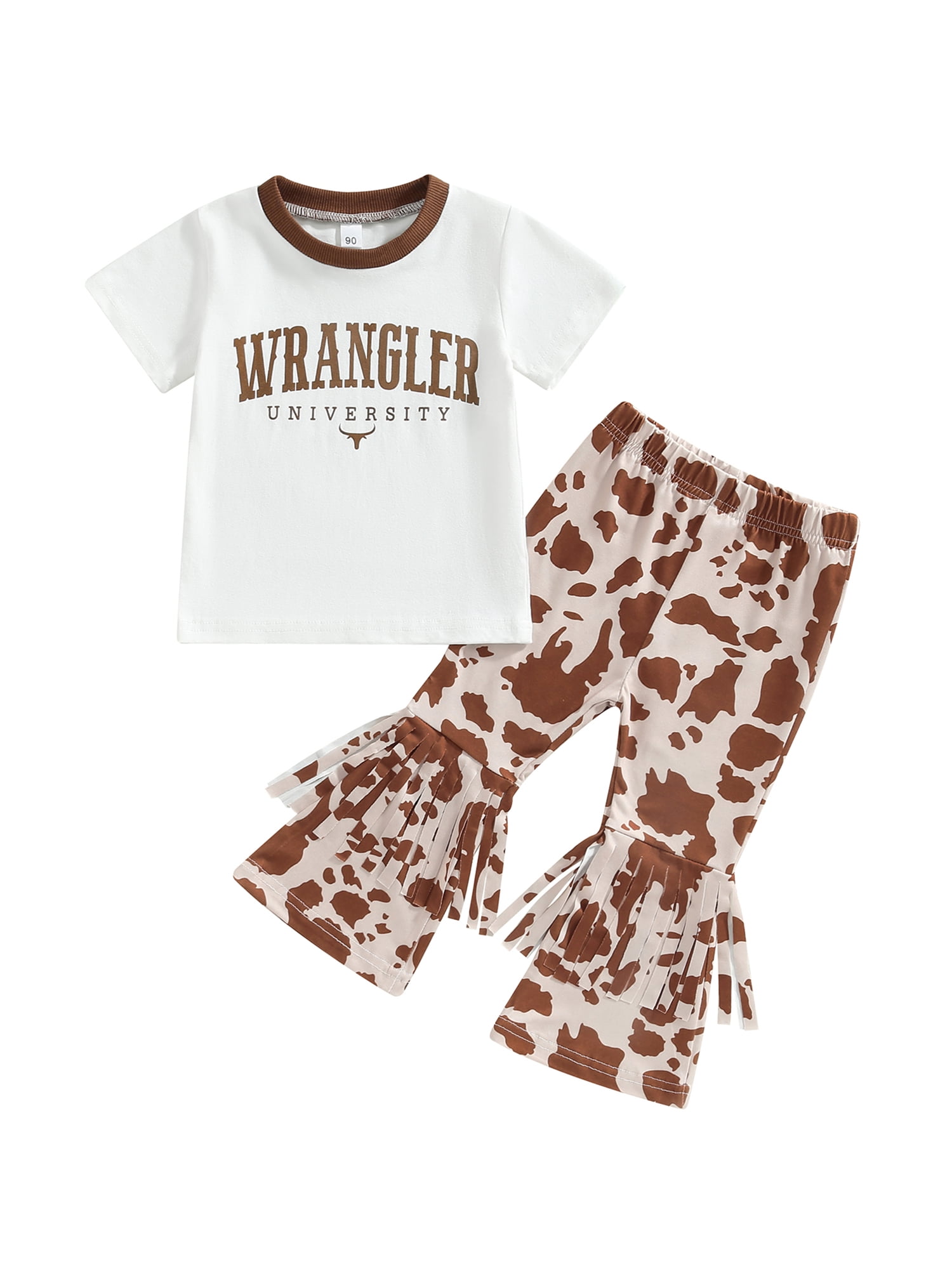 Genuiskids Kids Girl Summer Outfits Letter Print Crew Neck Short Sleeve T-Shirts Cow Print Flare ...