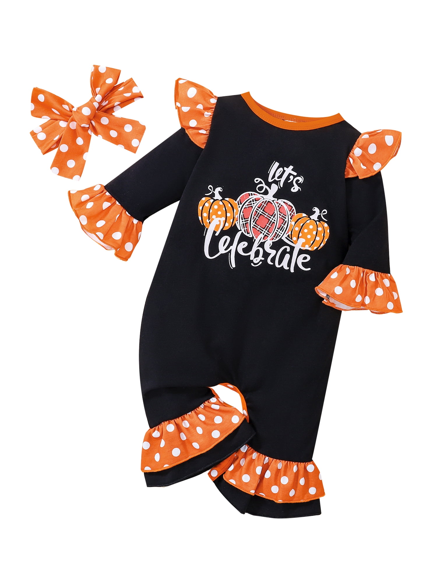 Genuiskids My First Halloween Baby Girl Outfit Newborn Pumpkin Long Sleeve Ruffle Jumpsuit Bell ...