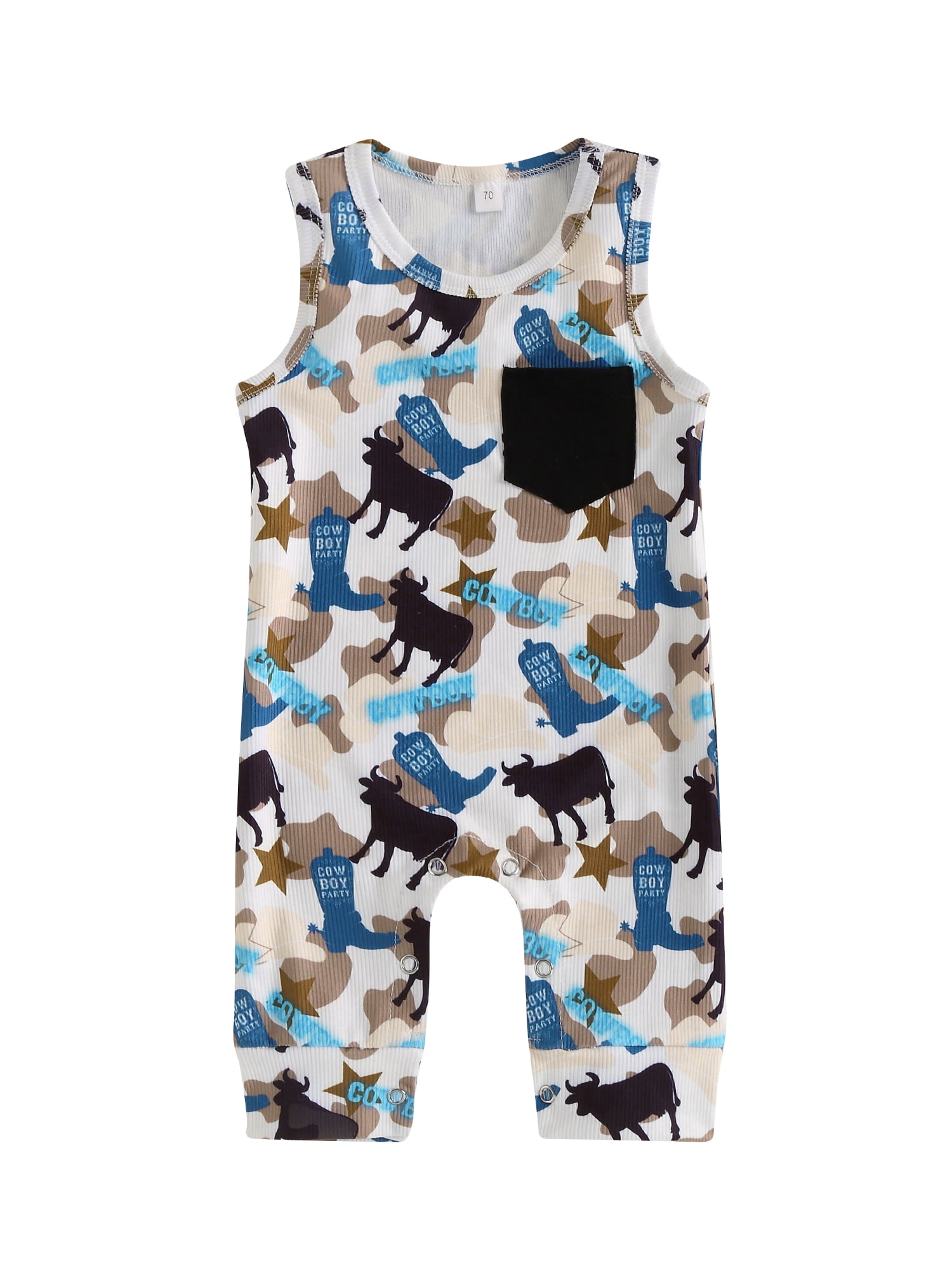 Genuiskids Newborn Baby Boy Girl Western Jumpsuit Outfits Kids Sleeveless Floarl Cow One Piece ...