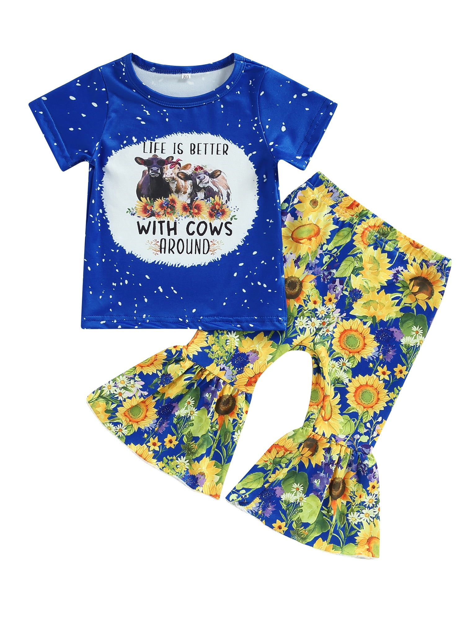 Genuiskids Toddler Baby Girl Summer Outfits Short Sleeve Cow Print T-Shirt Tops + Sunflower ...