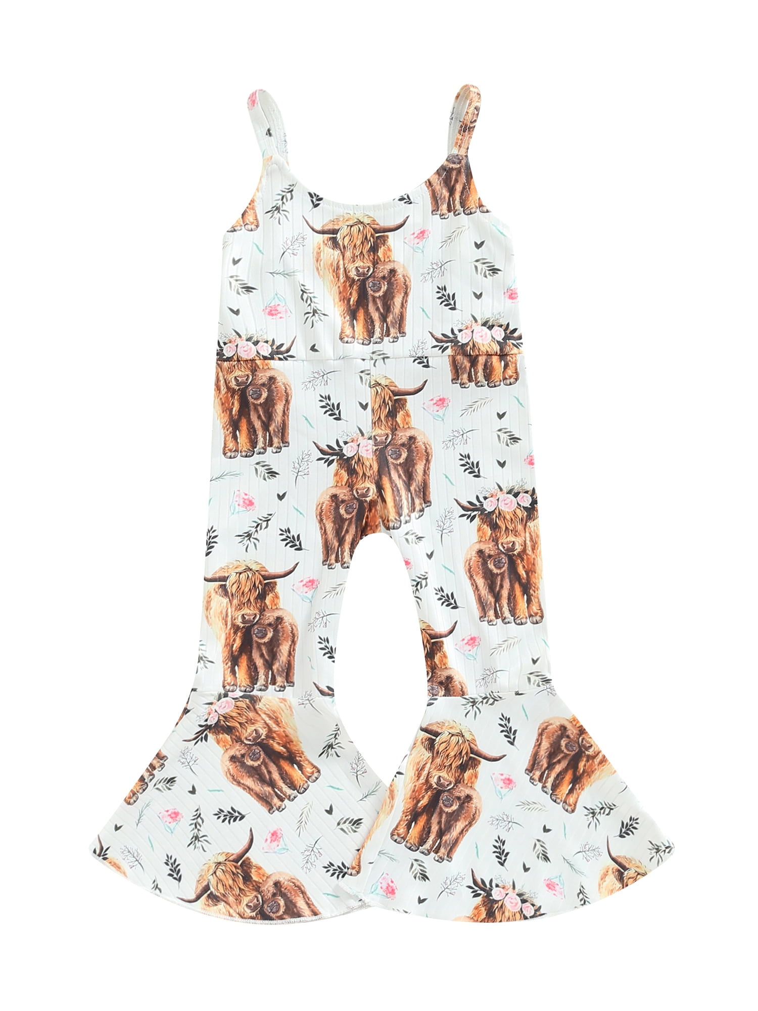 Genuiskids Toddler Baby Girl Western Outfit Bell Bottom Romper Cow Sleeveless Strap Flare ...