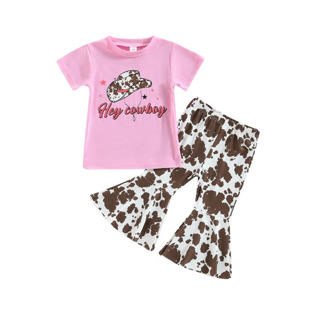 Genuiskids Toddler Baby Girl Western Outfit Cow Print Short Sleeve T-Shirt Tops Flared Pants ...