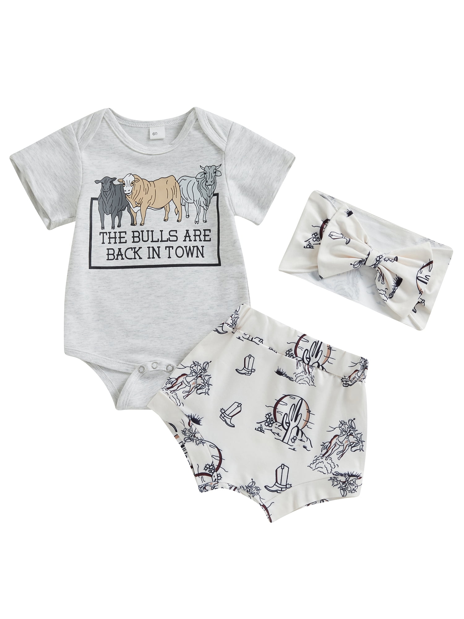 Genuiskids Western Baby Girl Clothes Summer Outfits Cow Print Romper Short Sleeve Letter ...