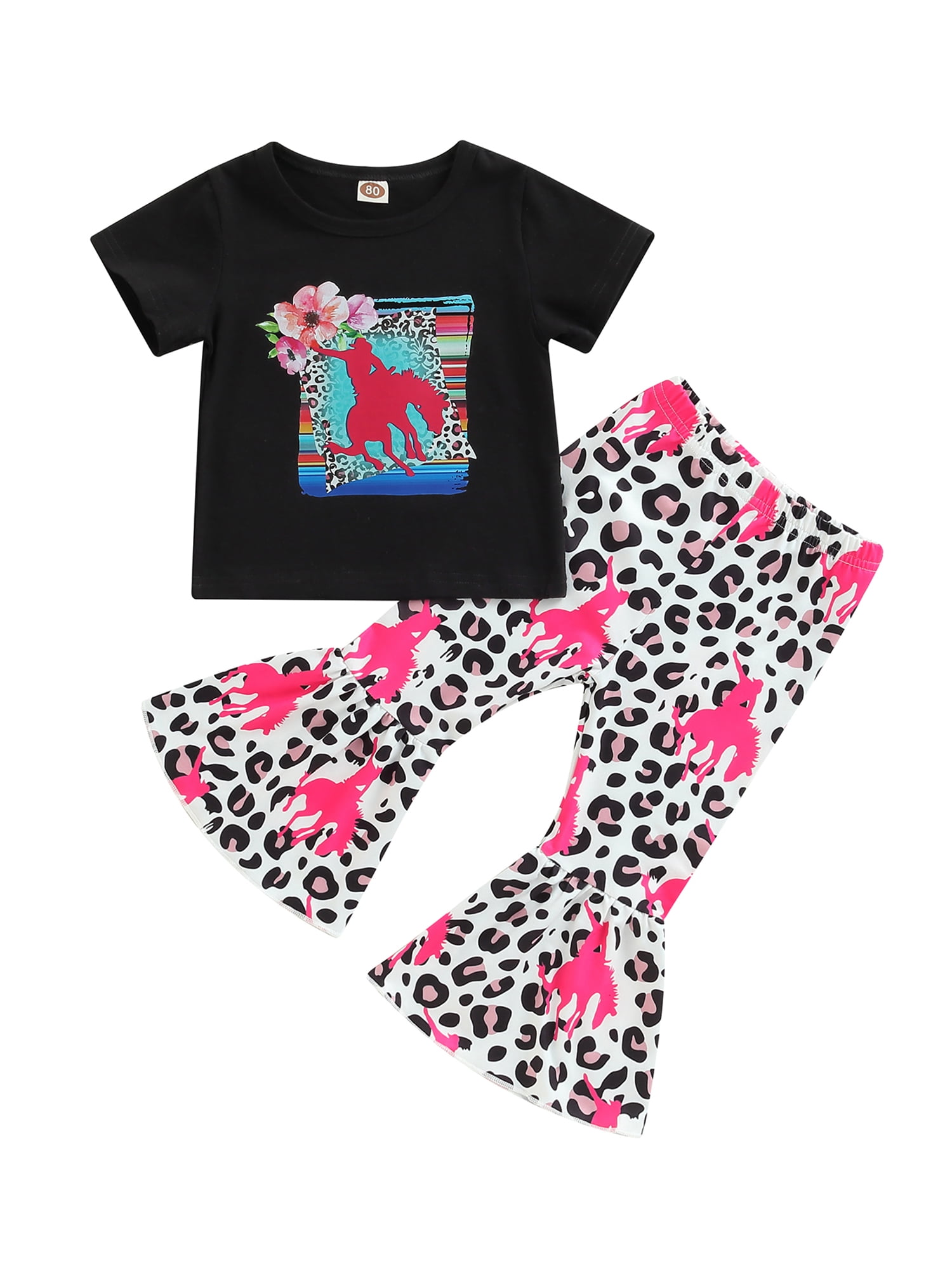 Genuiskids Western Baby Girl Clothes Sunflower Bell Bottoms Toddler Girl Short Sleeve Cow Print ...