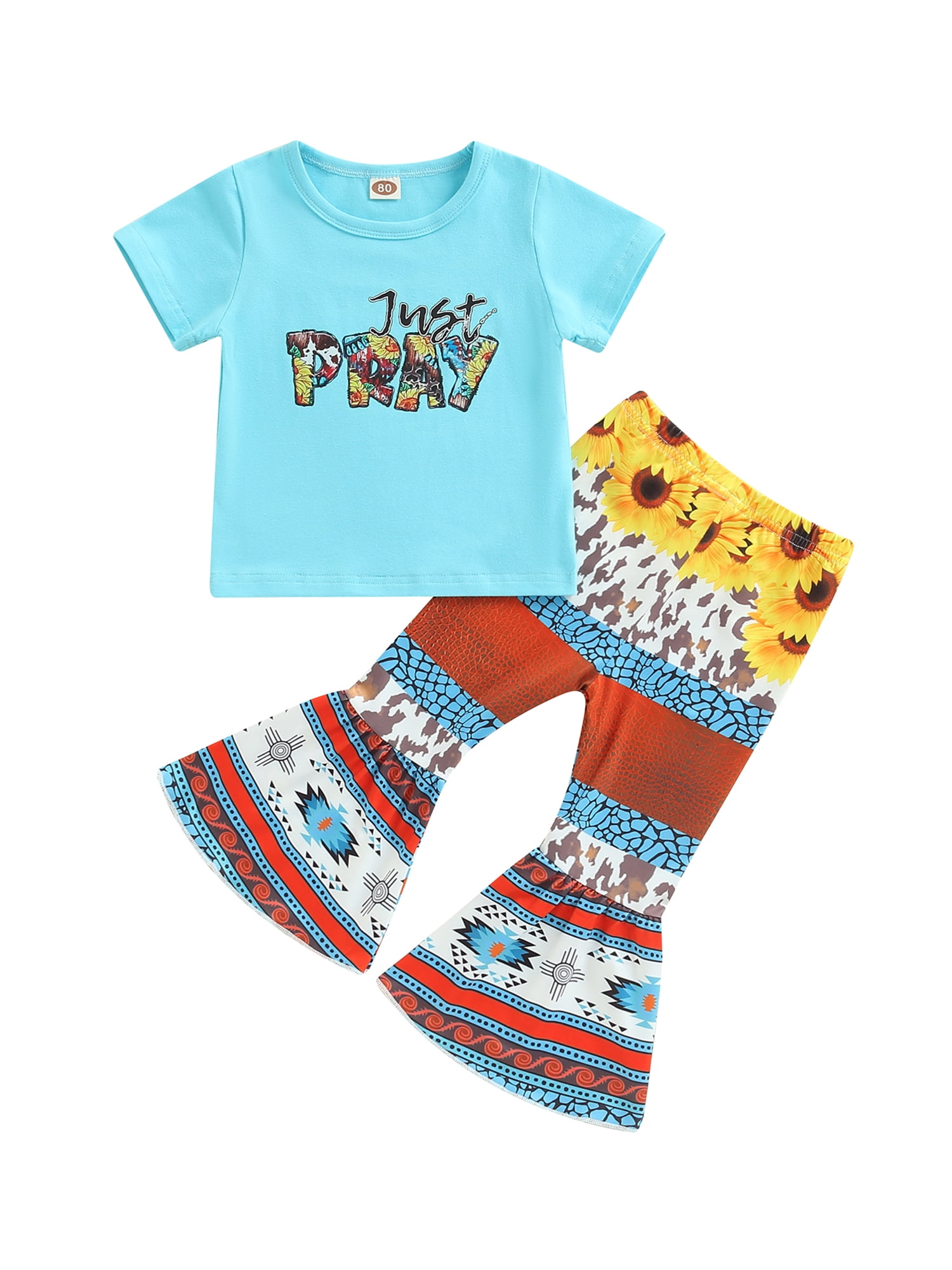 Genuiskids Western Baby Girl Clothes Sunflower Bell Bottoms Toddler Girl Short Sleeve Cow Print ...