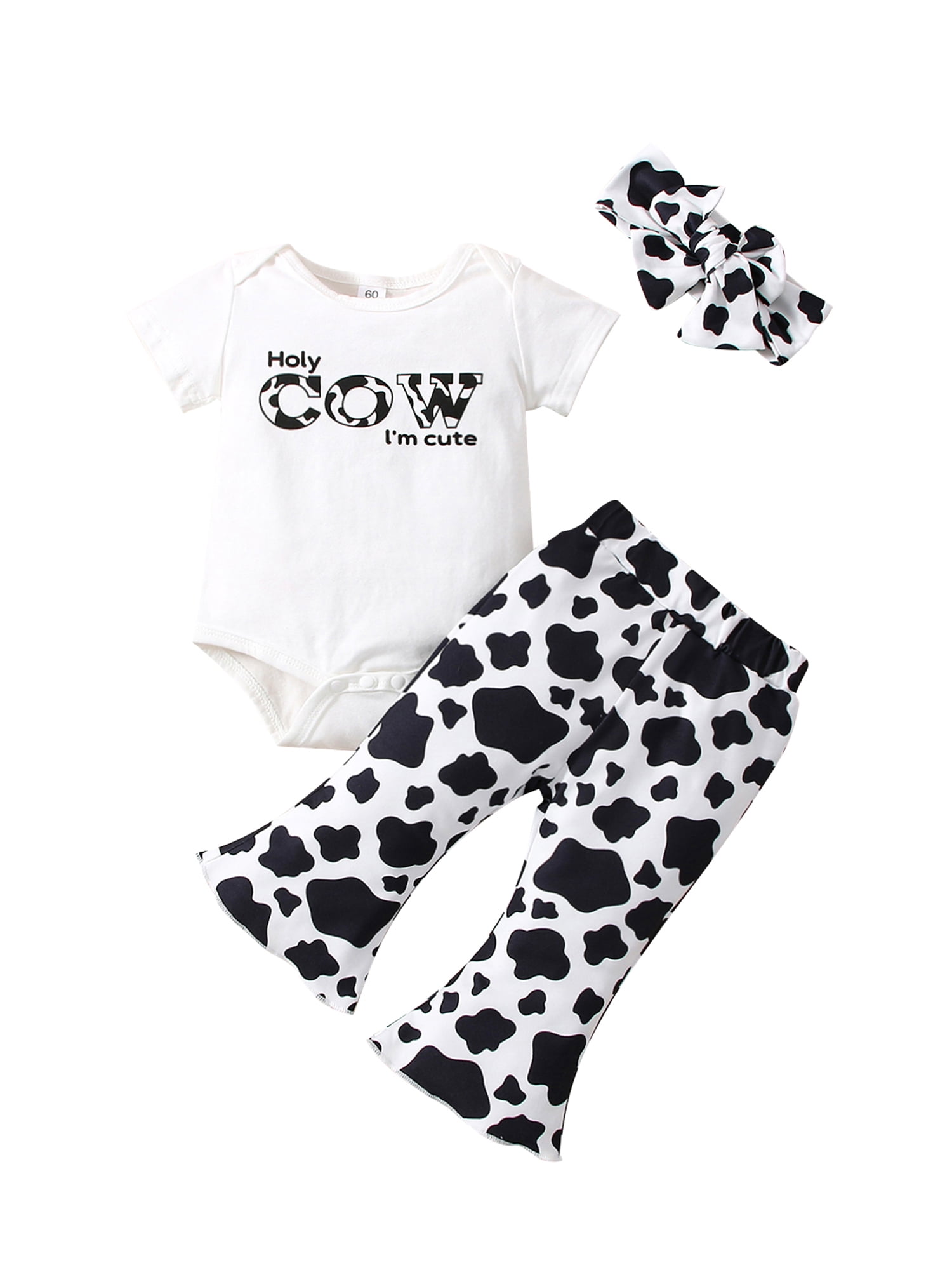 Genuiskids Toddler Girls 3Pcs Outfit Set: Short Sleeve Letters Print Romper, Cow Print Flare ...