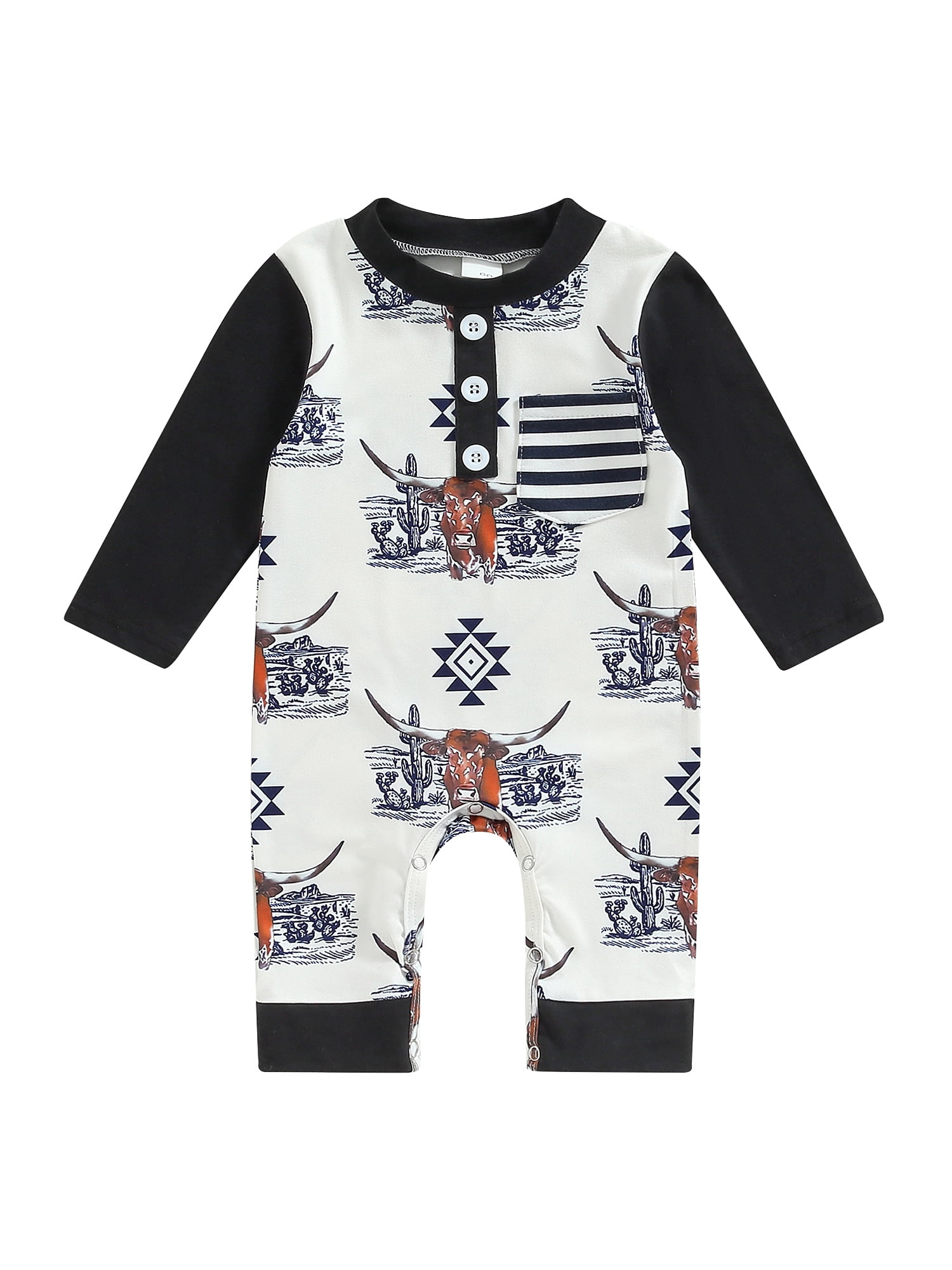 Genuiskids Western Newborn Baby Girl Boy Clothes Zip Jumpsuit Cow Print Romper Long Sleeve One ...