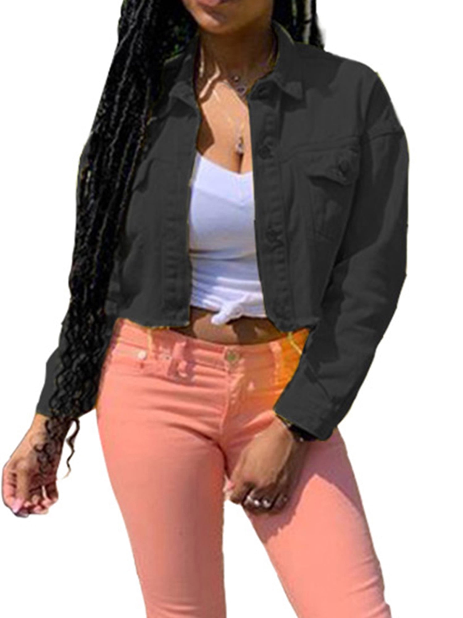 Genuiskids Women Cropped Denim Jacket Button Down Long Sleeve Frayed ...