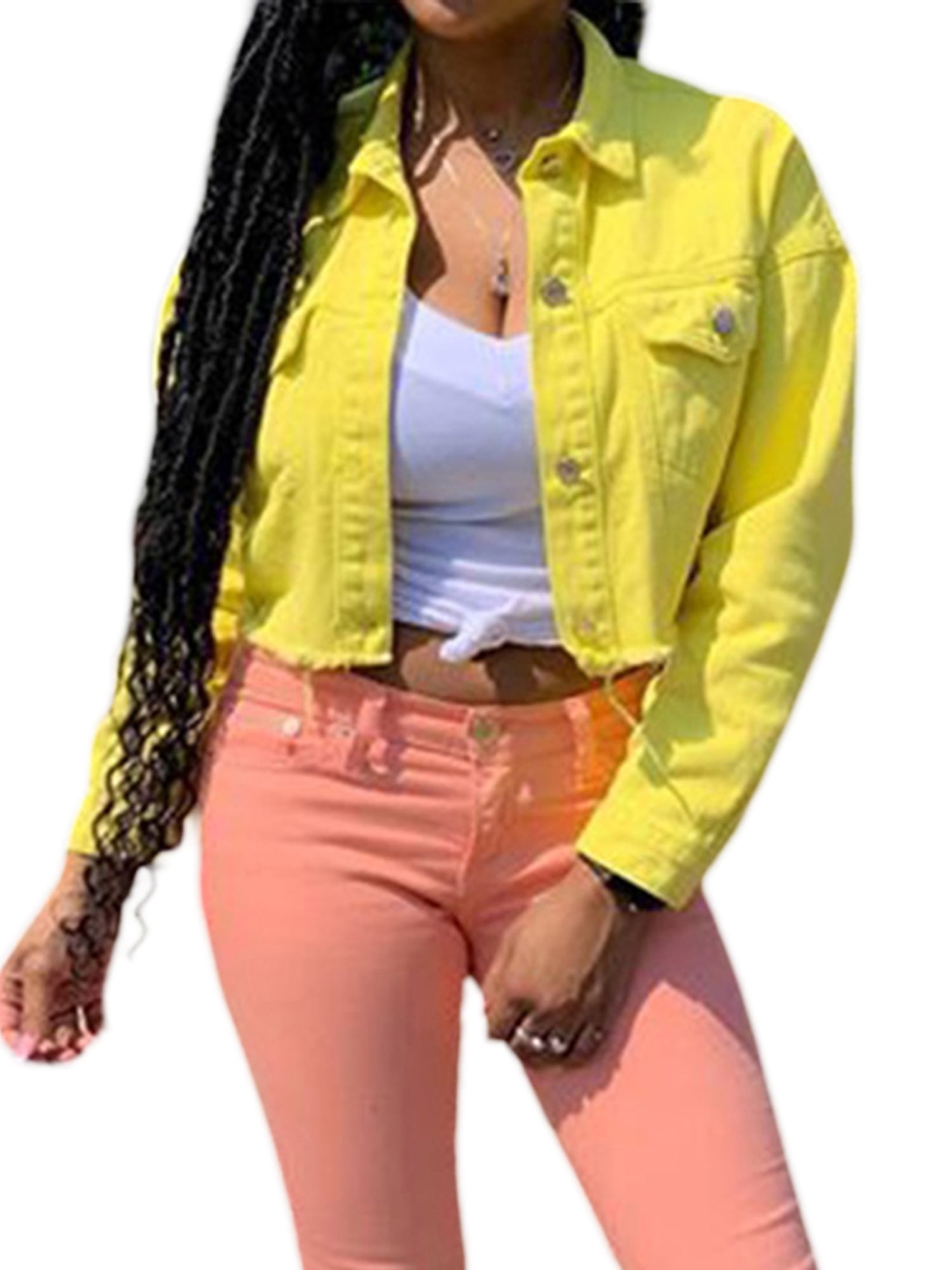 Genuiskids Women Cropped Denim Jacket Button Down Long Sleeve Frayed ...