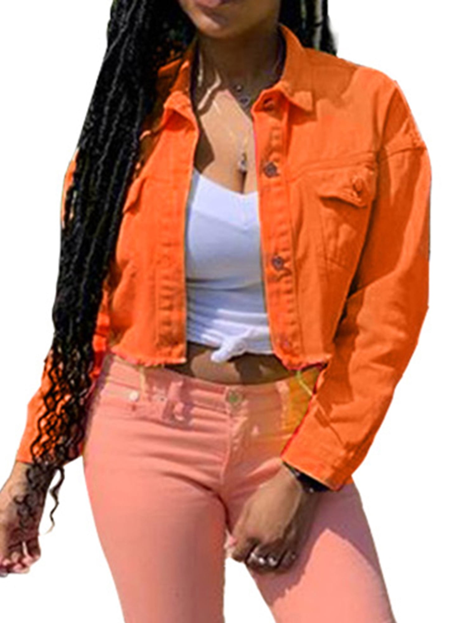 Genuiskids Women Cropped Denim Jacket Button Down Long Sleeve Frayed ...