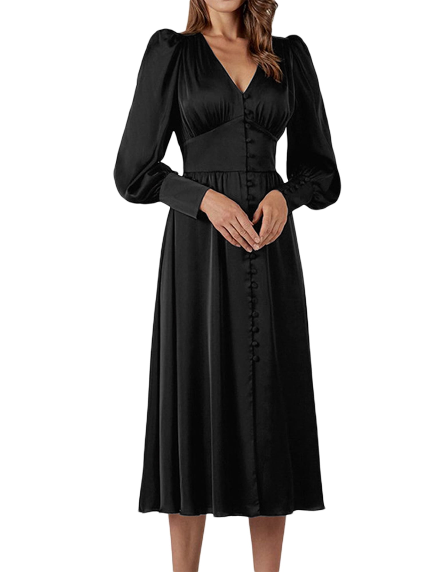Genuiskids Women Elegant Sheath Dress Long Bishop Sleeves Deep V-neck ...