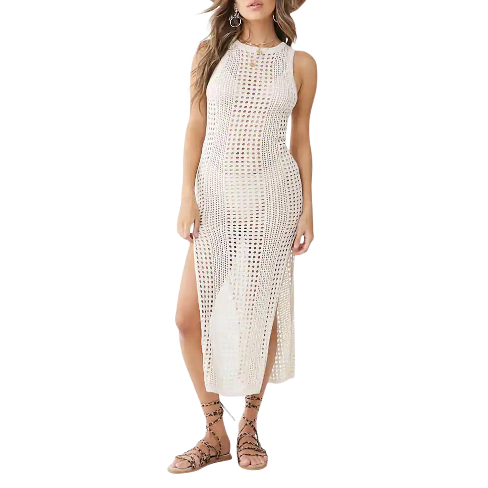 Genuiskids Women Fashion Crochet Knit Long Dress Boho Colorful See ...
