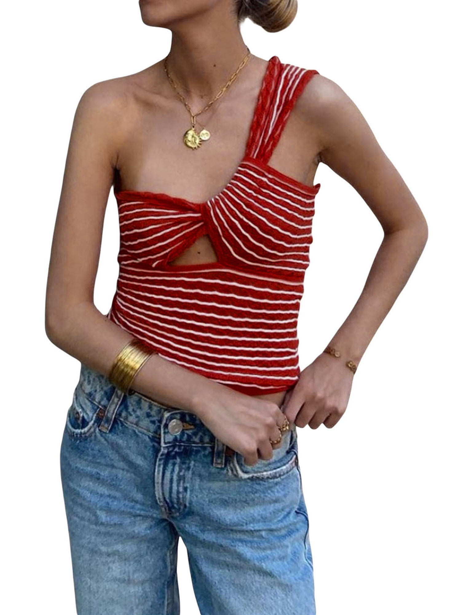 Genuiskids Women Knitted One Shoulder Crop Top Sexy Backless Strappy ...