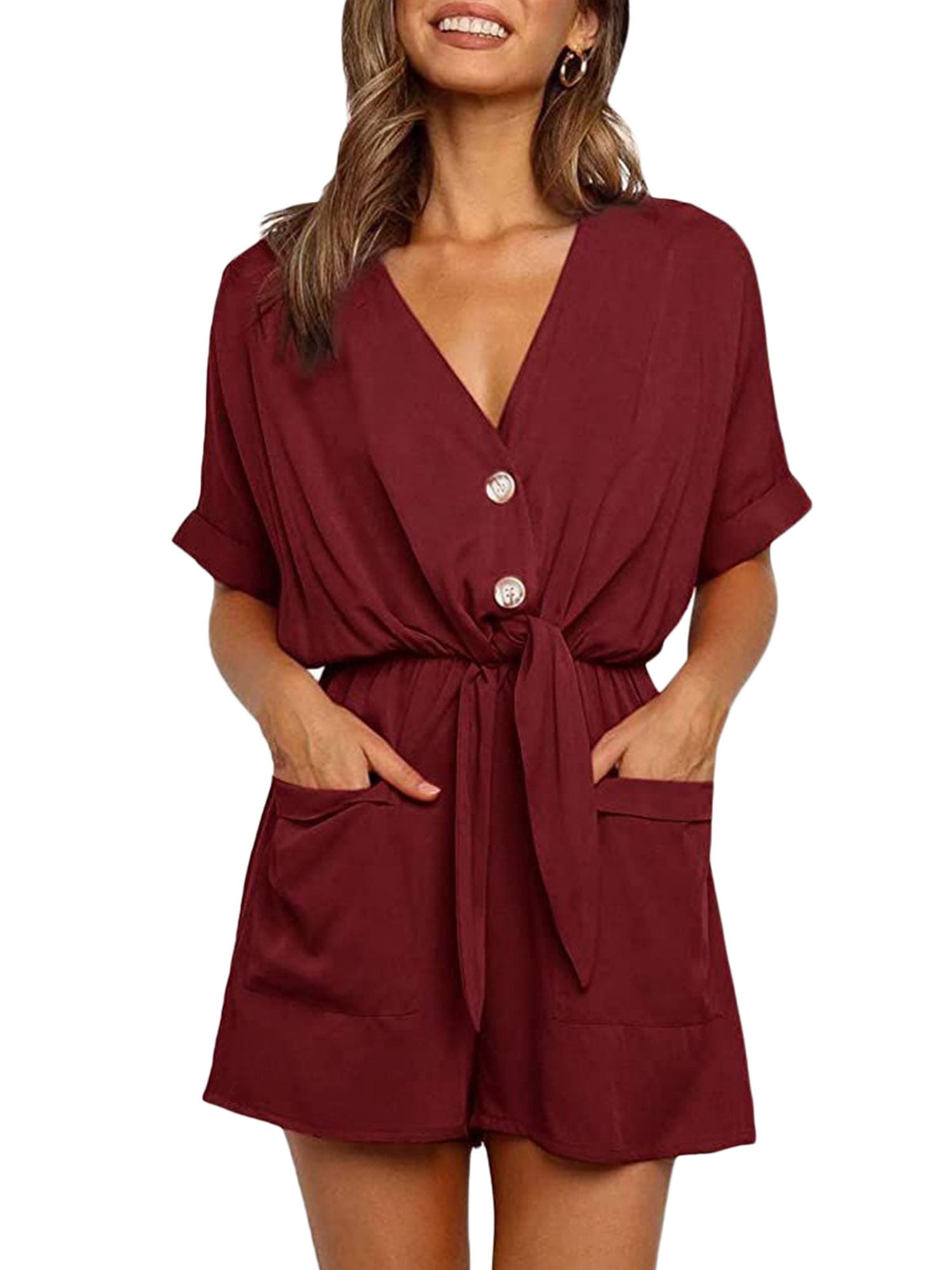 Genuiskids Women Summer Wide Leg Shorts Romper Casual Loose Button Down ...