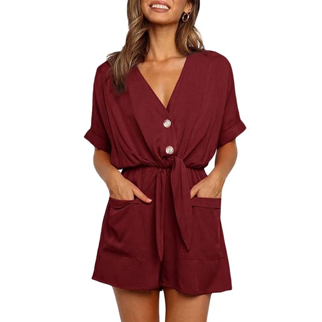 Genuiskids Women Summer Wide Leg Shorts Romper Casual Loose Button Down ...