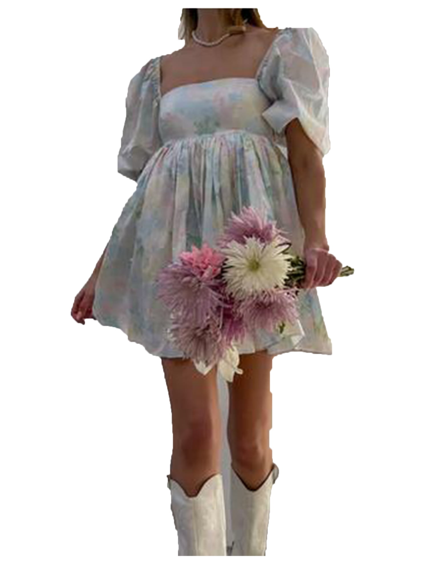 Genuiskids Women's Puff Sleeve Tull Princess Dress Square Neck Short ...